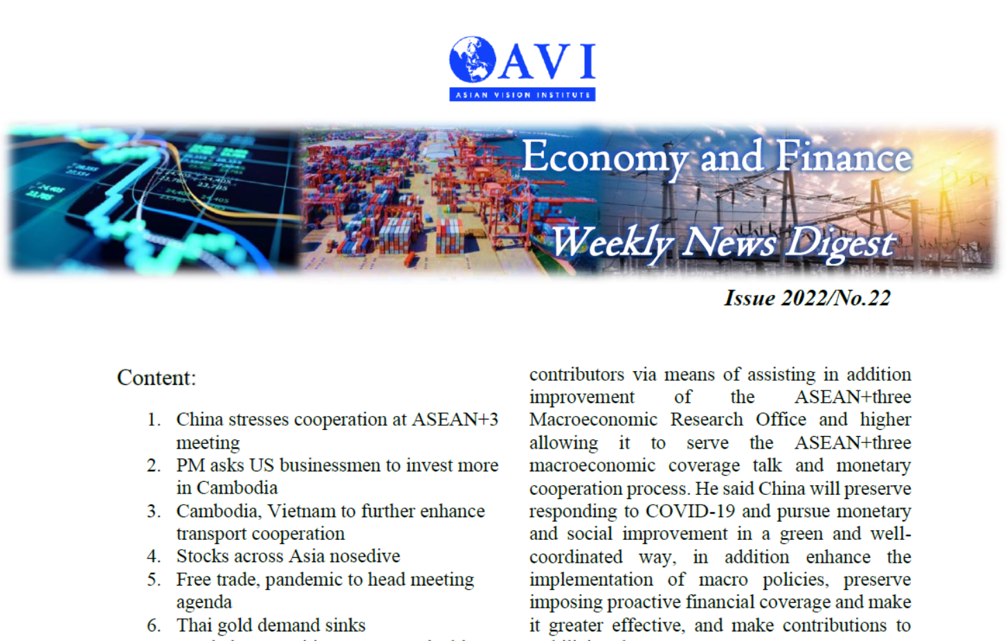 AVI ECONOMY AND FINANCE WEEKLY NEWS DIGEST, ISSUE: 2022, No. 22 - Asian Vision institute