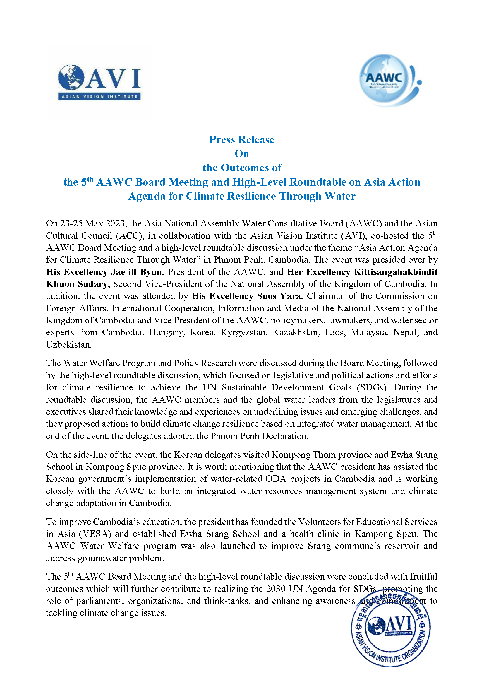 Press Release: the Outcomes of the 5th AAWC Board Meeting and High-Level Roundtable on Asia ...